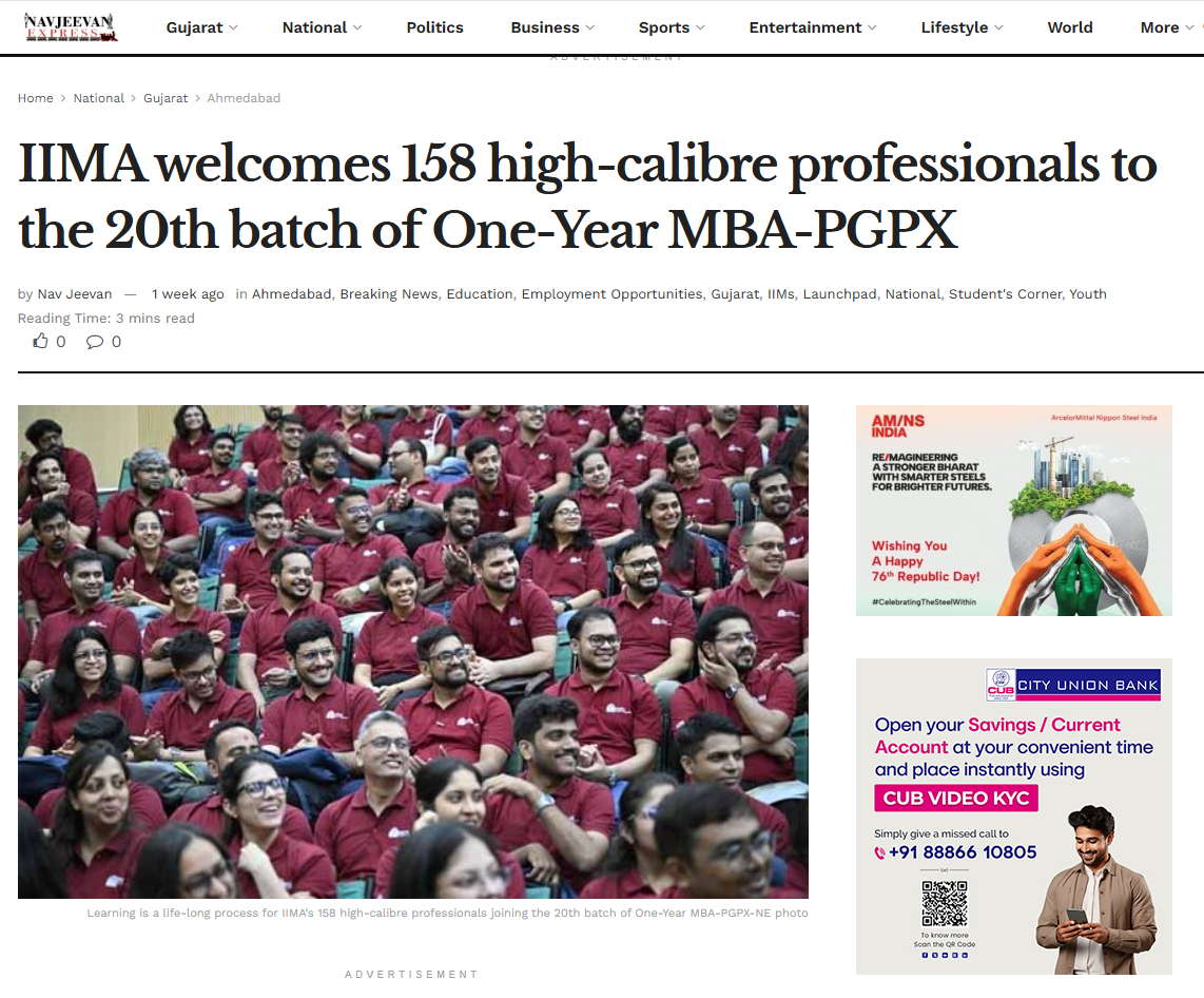 IIMA welcomes 158 high-calibre professionals to the 20th batch of One-Year MBA-PGPX | IIMA